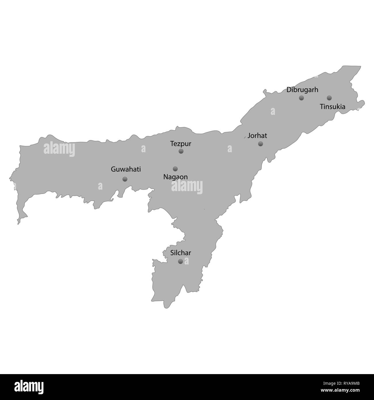 High Quality map of Assam is a state of India, With main cities ...