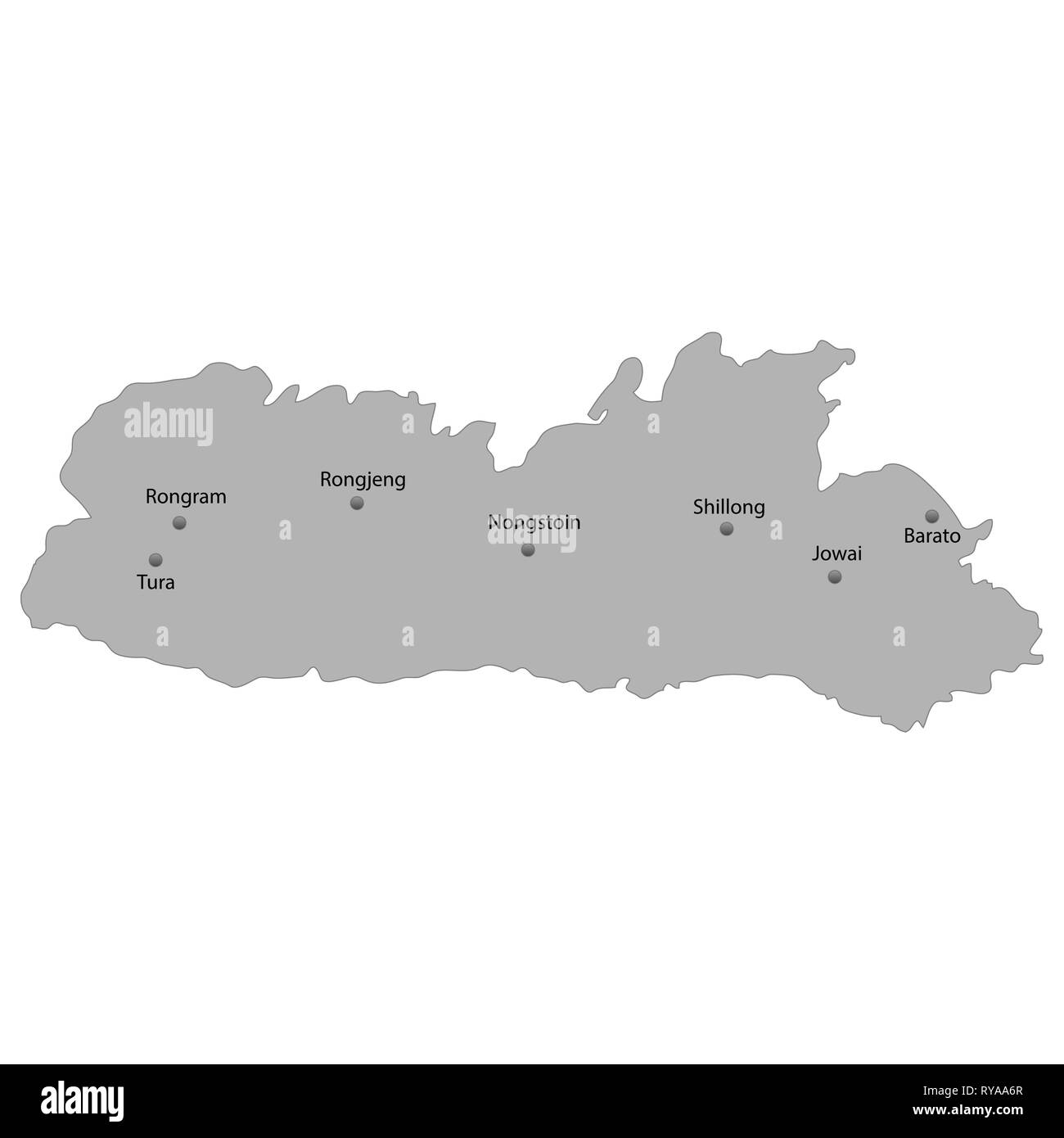 High Quality map of Meghalaya is a state of India. With main cities ...