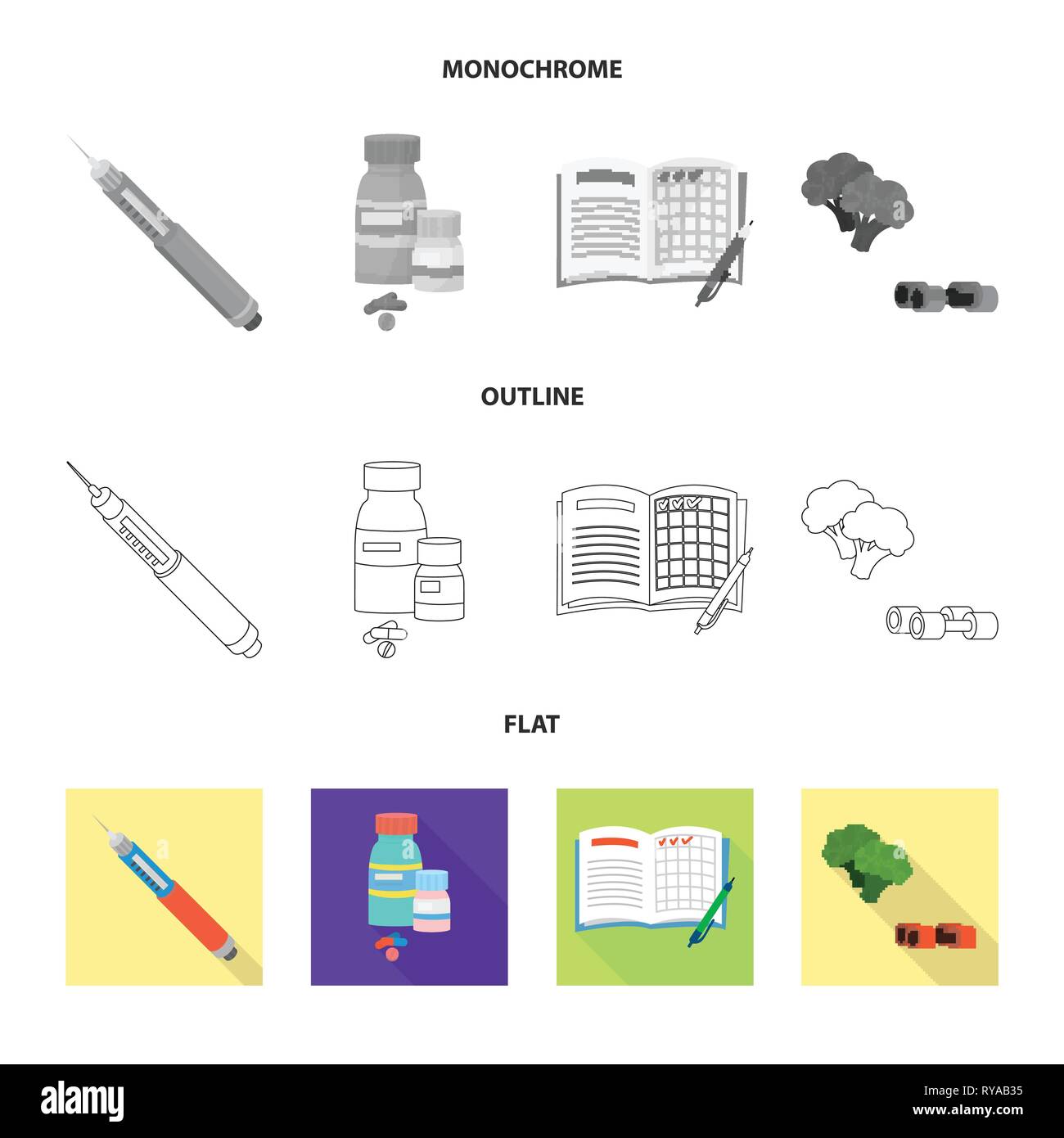 insulin,bottle,notepad,broccoli,injection,pill,notebook,vegetable ...