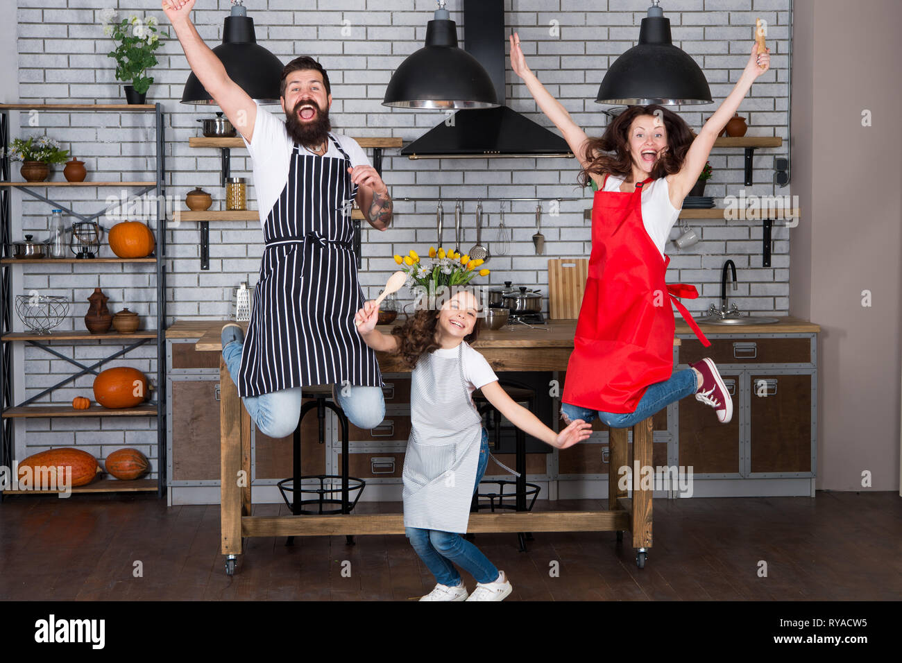 Prepare delicious meal. Breakfast time. Family having fun cooking ...