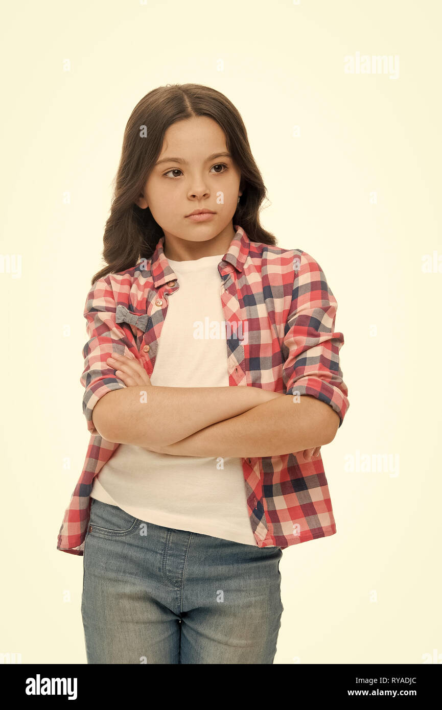 Offended feelings. Child offended keep silence. Girl serious face ...