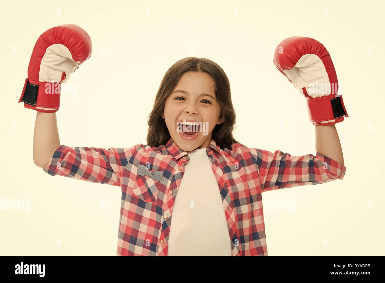 Winner boxing competition. Girl boxing gloves feels powerful. Happy ...