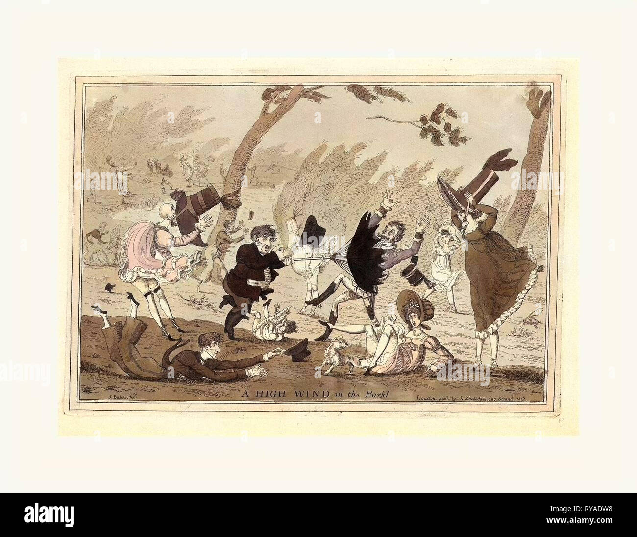 A High Wind in the Park! Engraving 1819, a Strong Wind Blowing Down Men ...