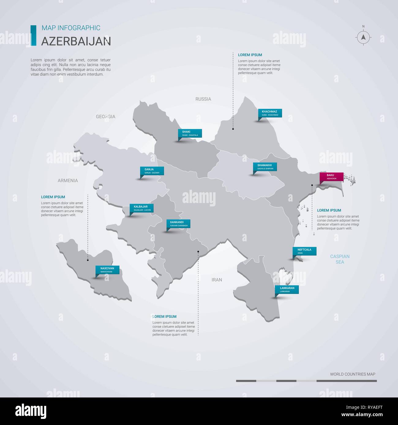 Azerbaijan vector map with infographic elements, pointer marks ...
