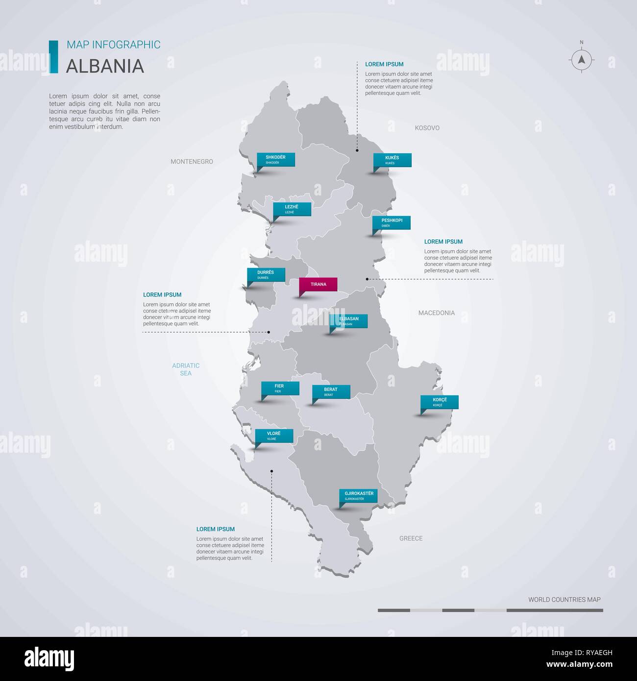 Albania vector map with infographic elements, pointer marks. Editable ...