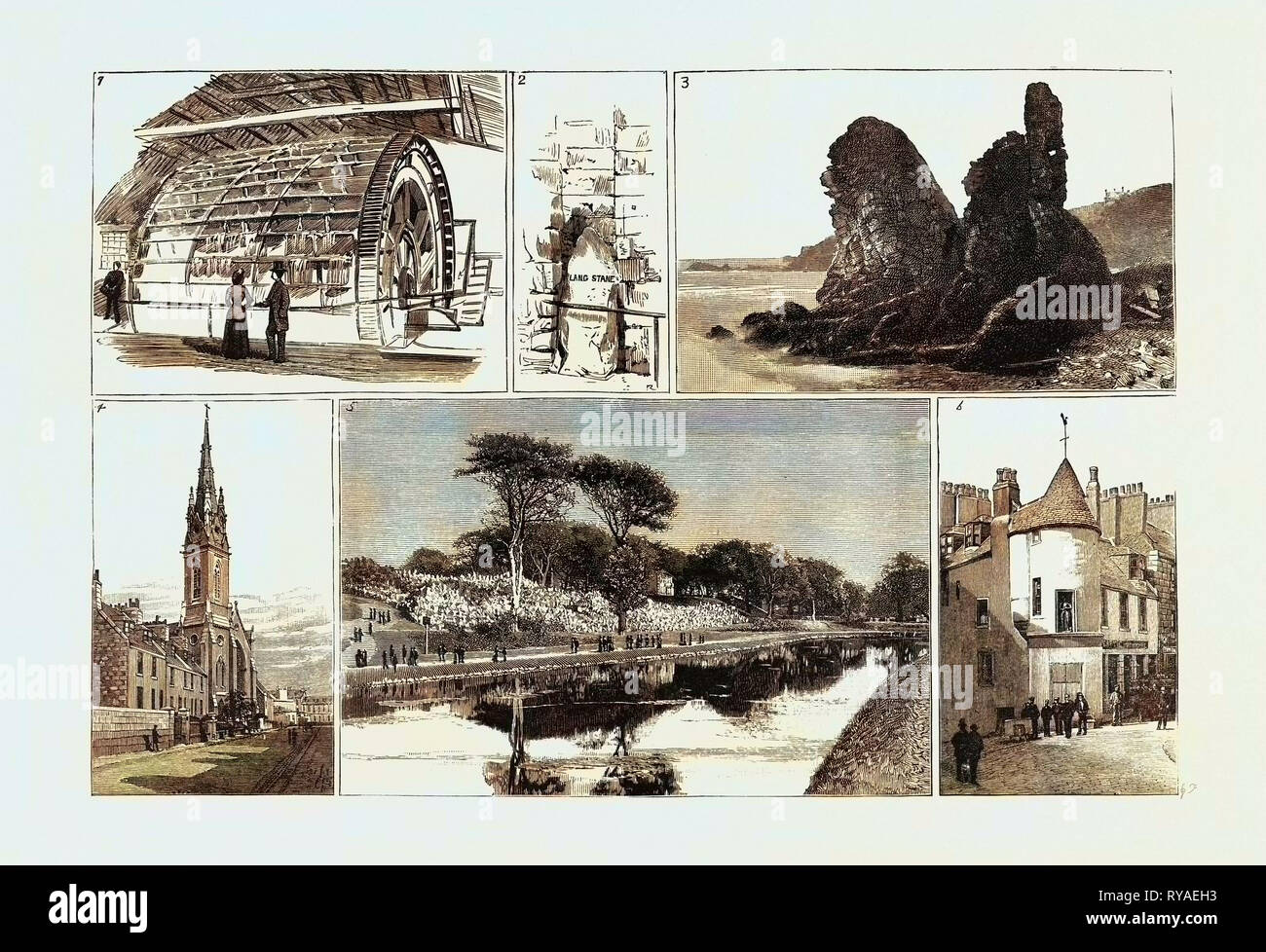 Aberdeen: 1. Water-Wheel at the Grandhol Tweed Mills. 2. The Langstane ...
