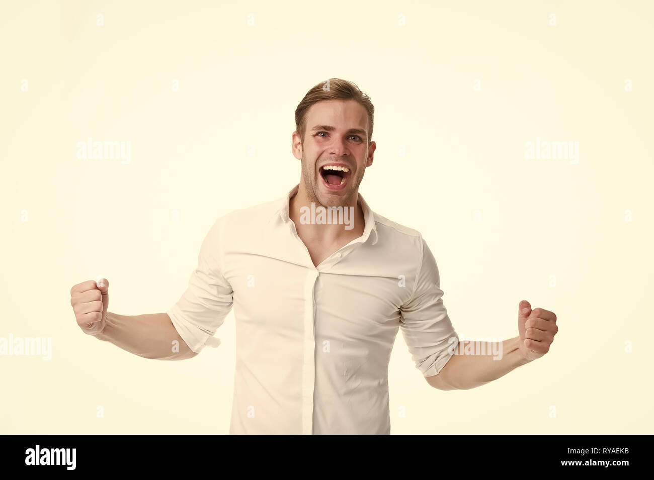 Man cheers success. Guy formal clothes shouting and celebrating success ...