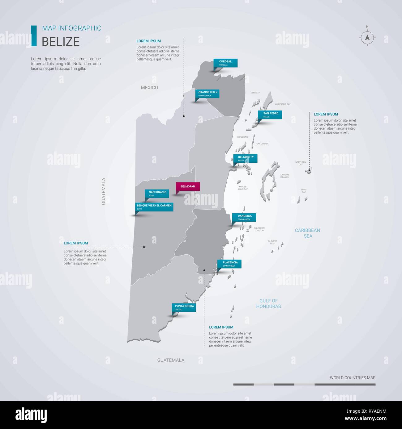 Belize vector map with infographic elements, pointer marks. Editable ...