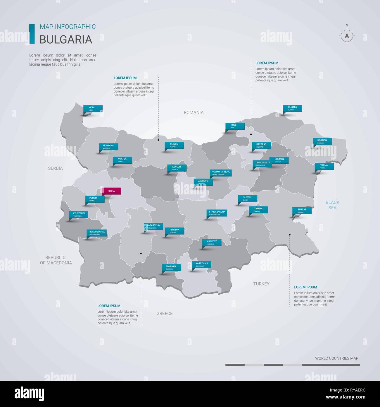 Bulgaria vector map with infographic elements, pointer marks. Editable template with regions ...