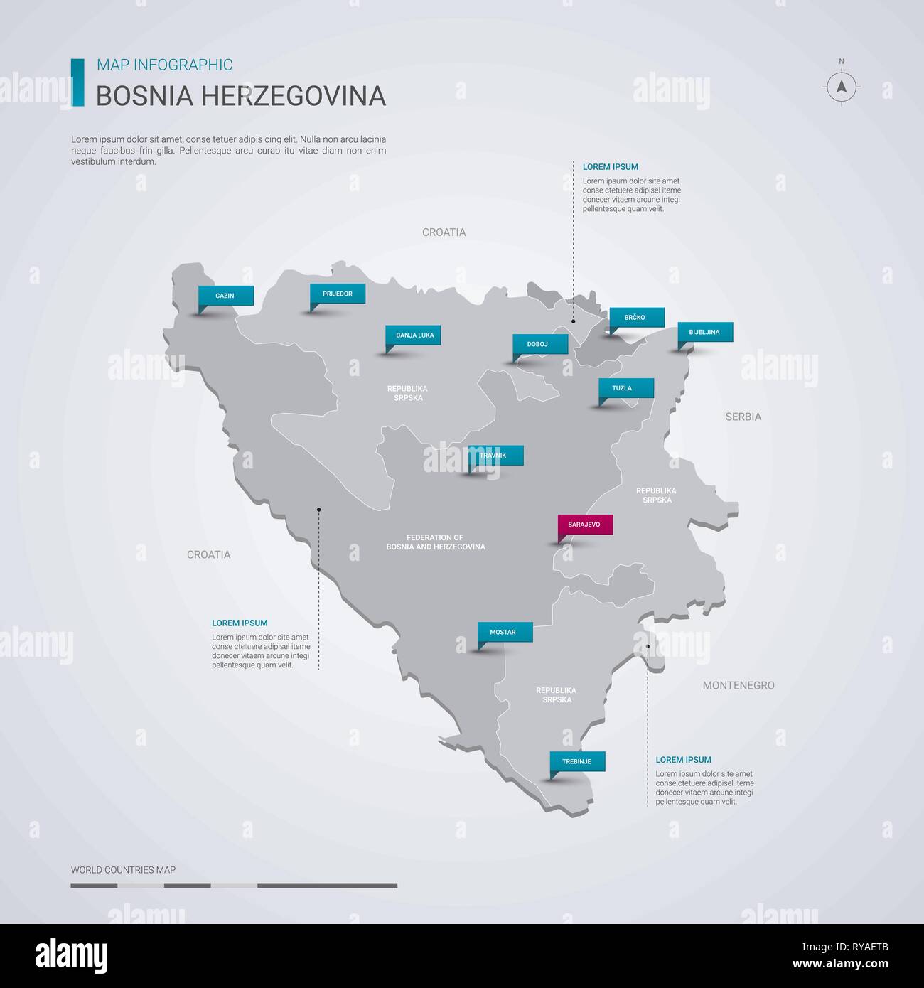 Bosnia and Herzegovina vector map with infographic elements, pointer ...