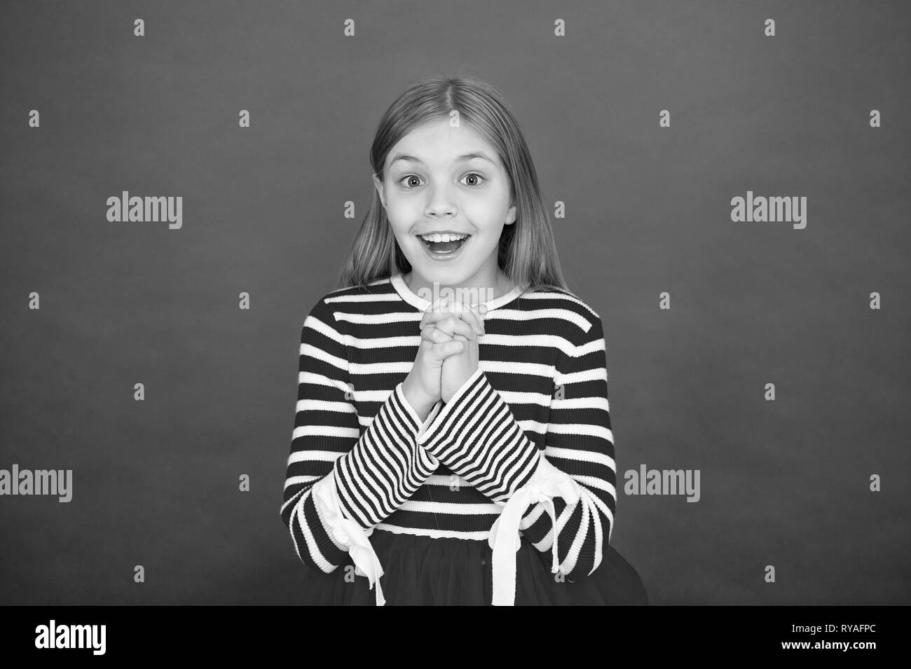 Girl hopeful excited face making wish. Believe in miracle. Child girl ...