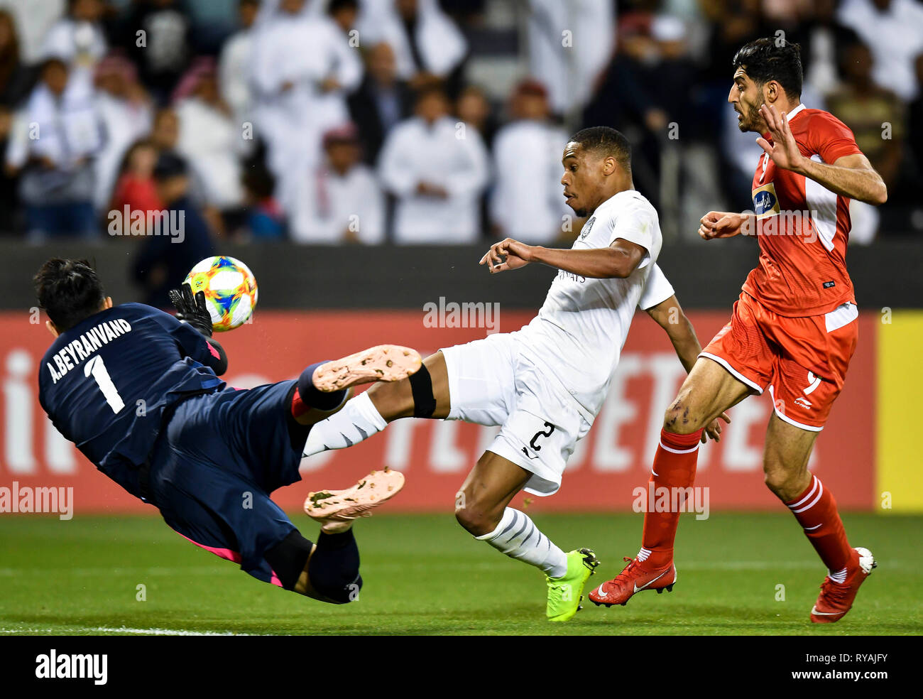 Doha, Qatar. 12th Mar, 2019. Pedro Miguel (C) of Al Sadd SC competes ...