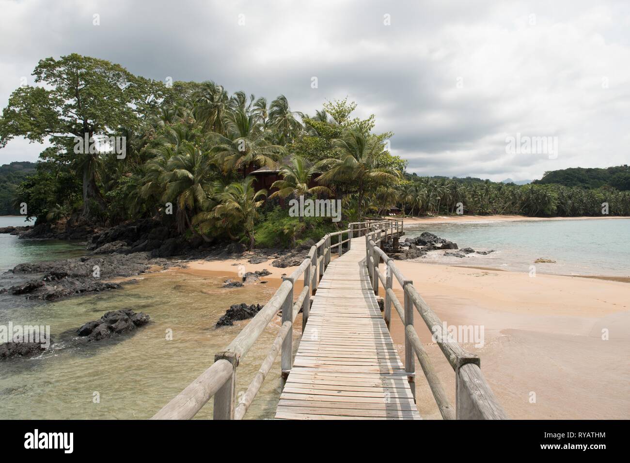 18 February 2019, São Tomé and Príncipe, Bom Bom: A wooden jetty leads ...