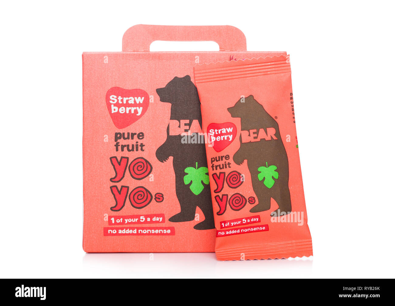 LONDON, UK - MARCH 11, 2019: Box of BEAR YOYO Delicious Pure Fruit ...