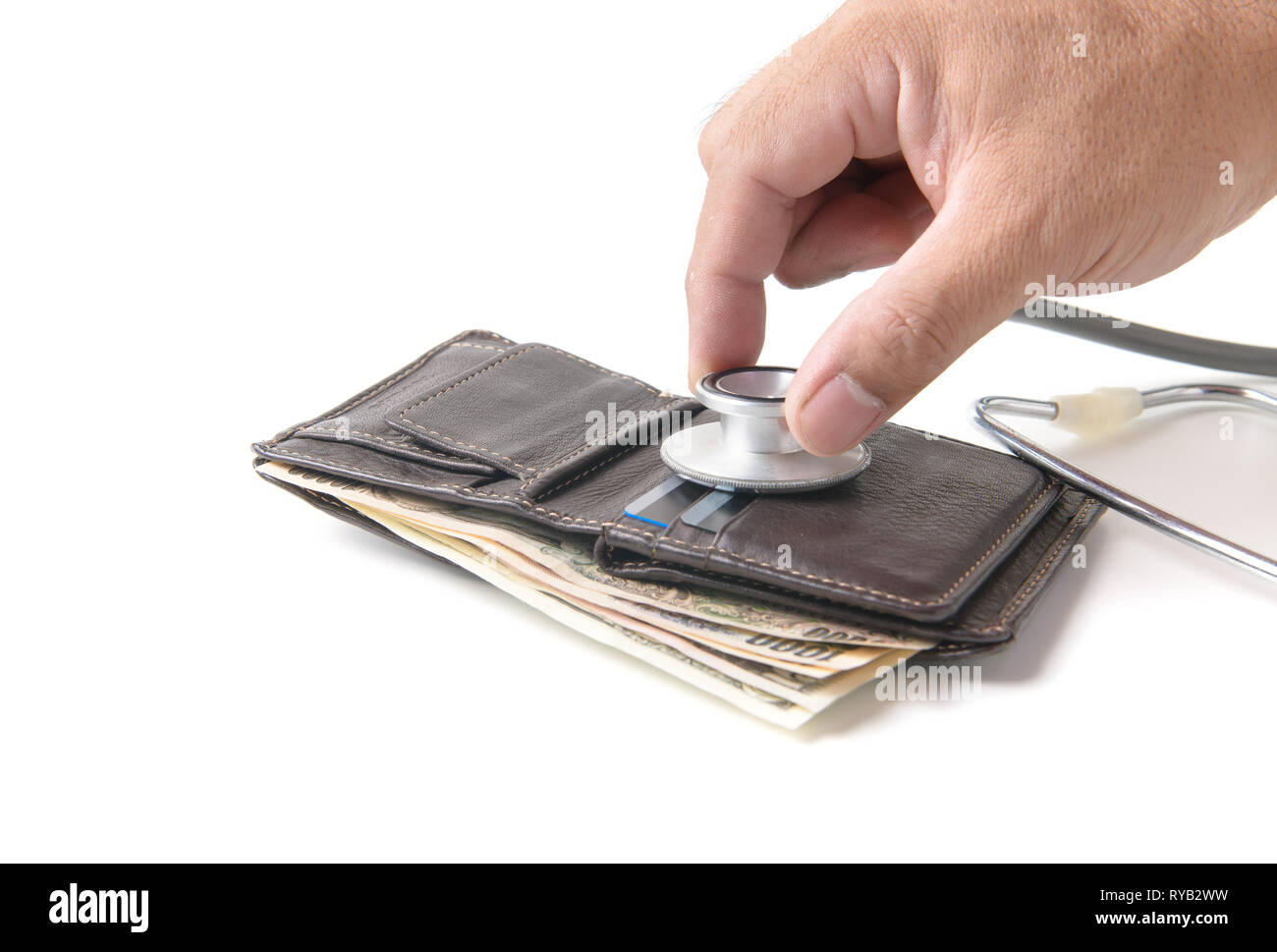 Hand man checking open wallet with stethoscope isolated on white ...