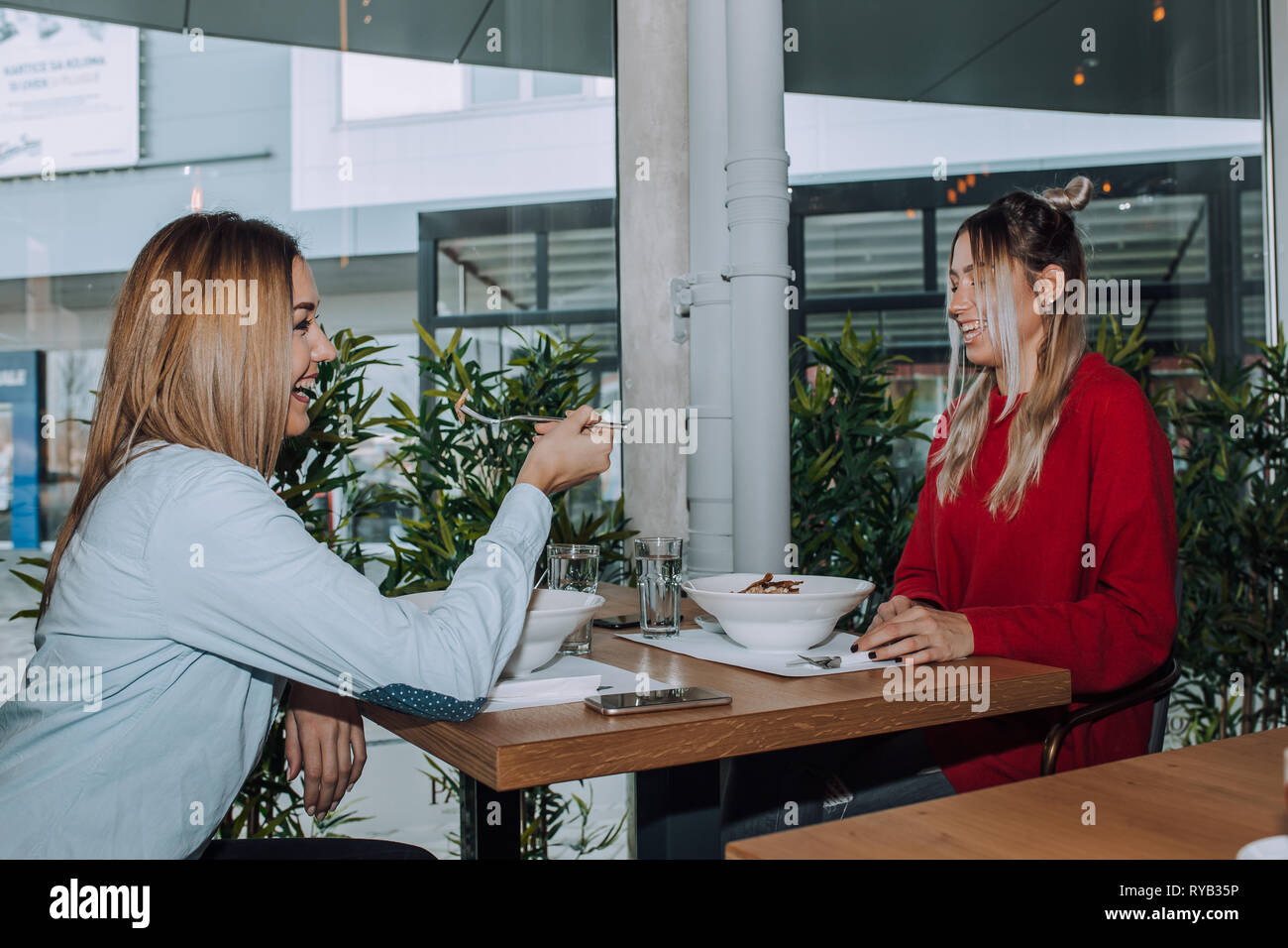 Female friends having lunch together in the modern interior of the ...