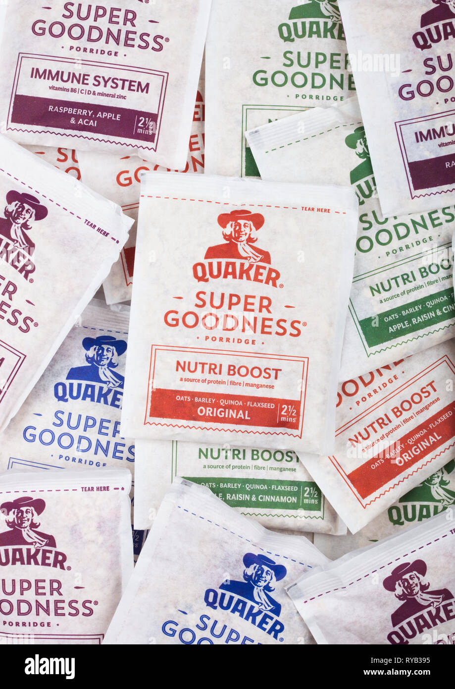LONDON, UK - MARCH 11, 2019: Sachets of Quaker porridge Super Goodness ...