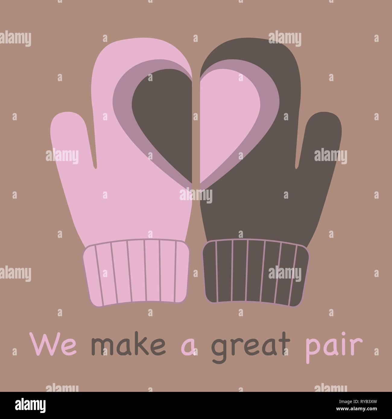 Vector illustration with mittens and drawing heart on them. Inscription ...