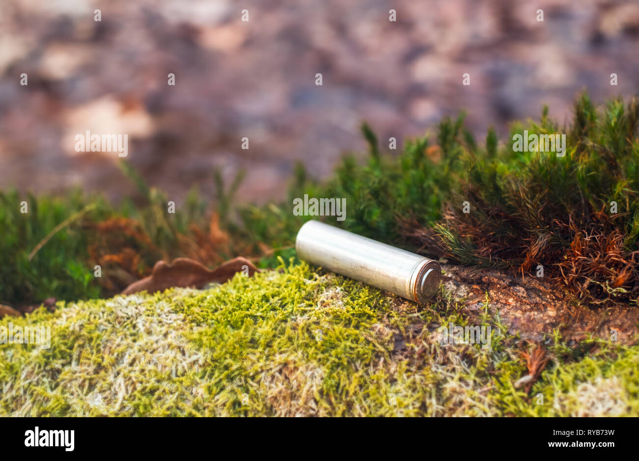 Abandoned electric alkaline battery on the moss in the forest Stock ...