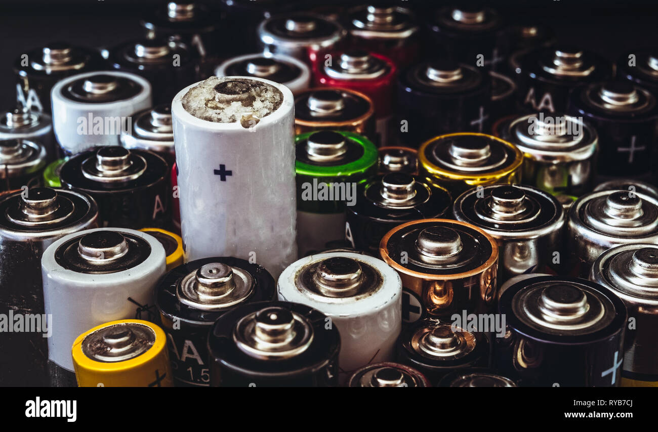 Group of used disposable drain batteries of various size Stock Photo ...