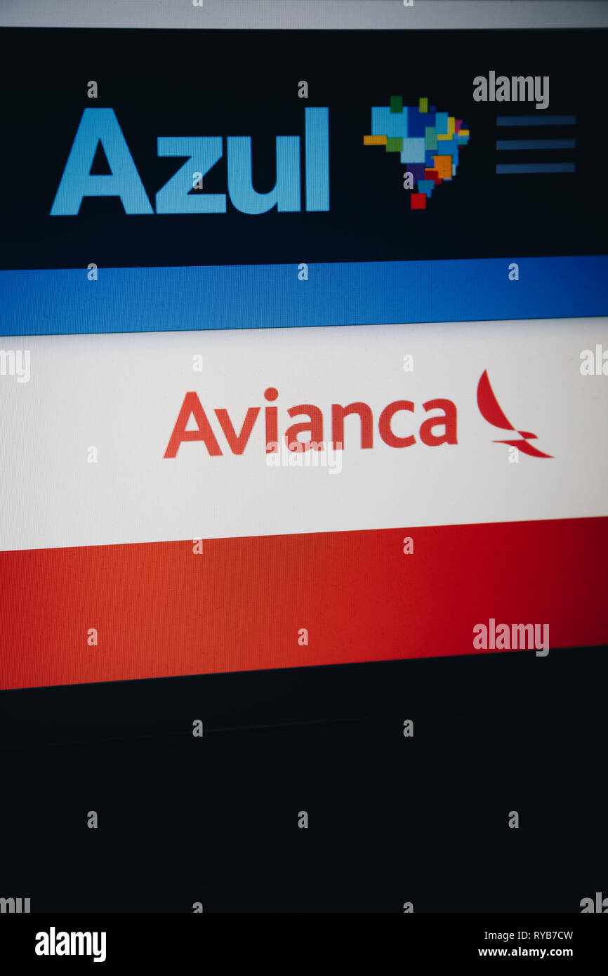 Logos of airline companies Azul and Avianca are seen on their ...