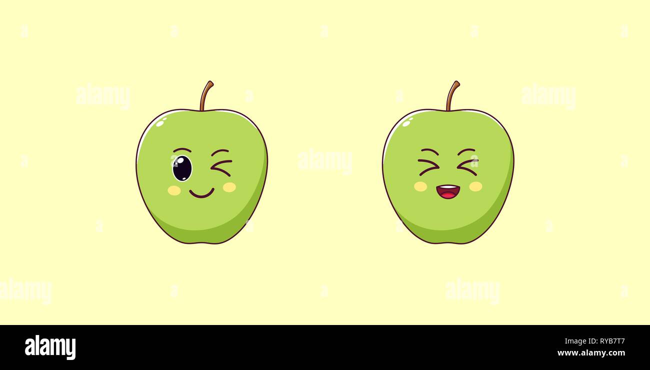 Cute Kawaii Apple, Cartoon Ripe Fruit. Vector illustration of Cartoon ...