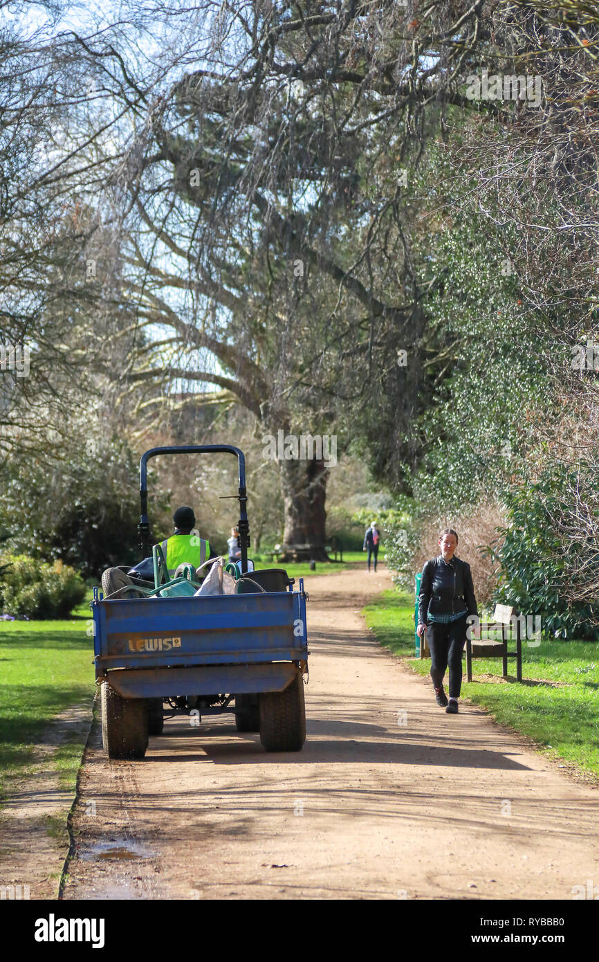Groundsman groundswoman driving small tractor with trailer on a gravel ...