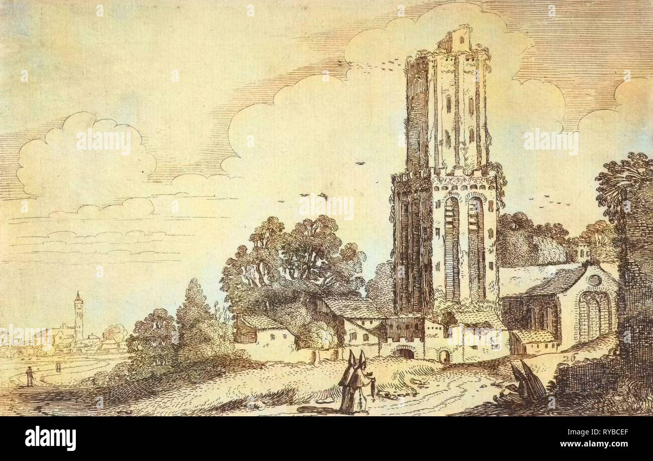 Landscape with dilapidated church tower, Jan van de Velde (II), 1616 ...