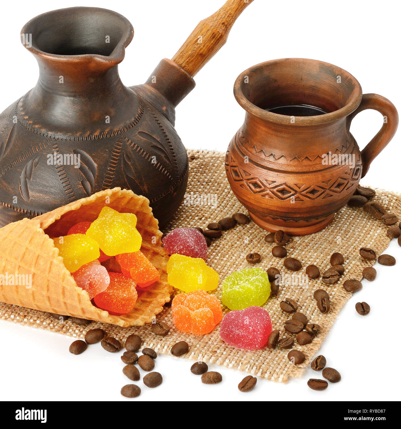 Coffeepot, cup of coffee, jujube and waffles isolated on white ...