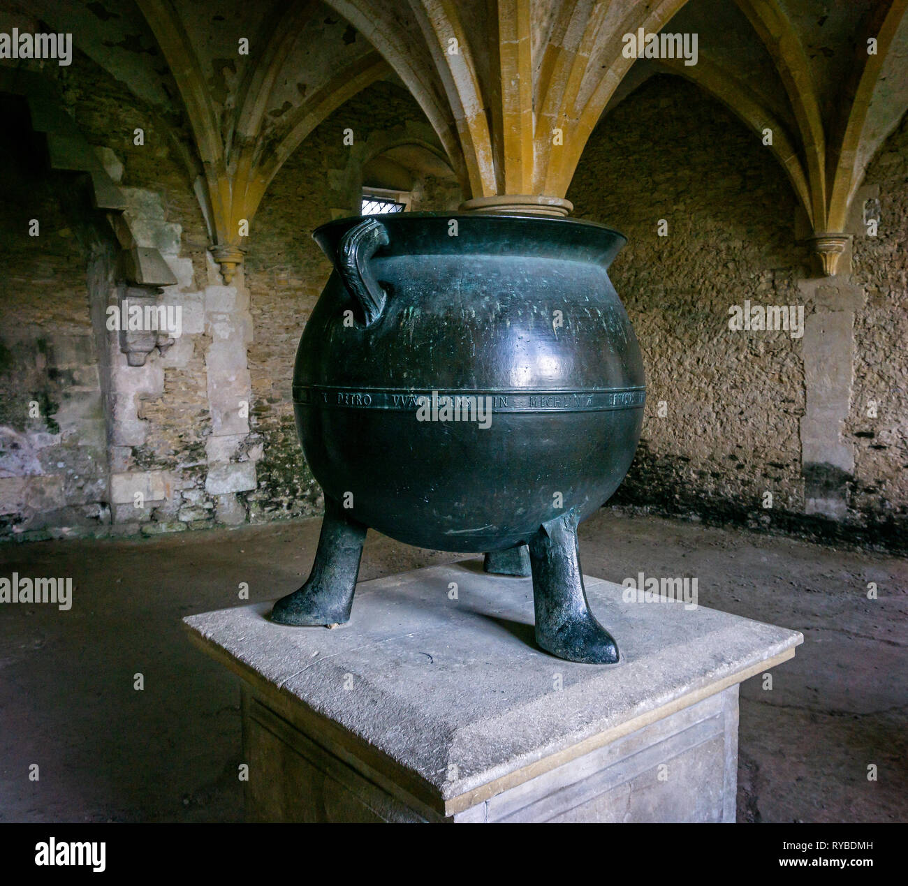 Bell metal cauldron on display inside Lacock Abbey in Wiltshire, UK on ...