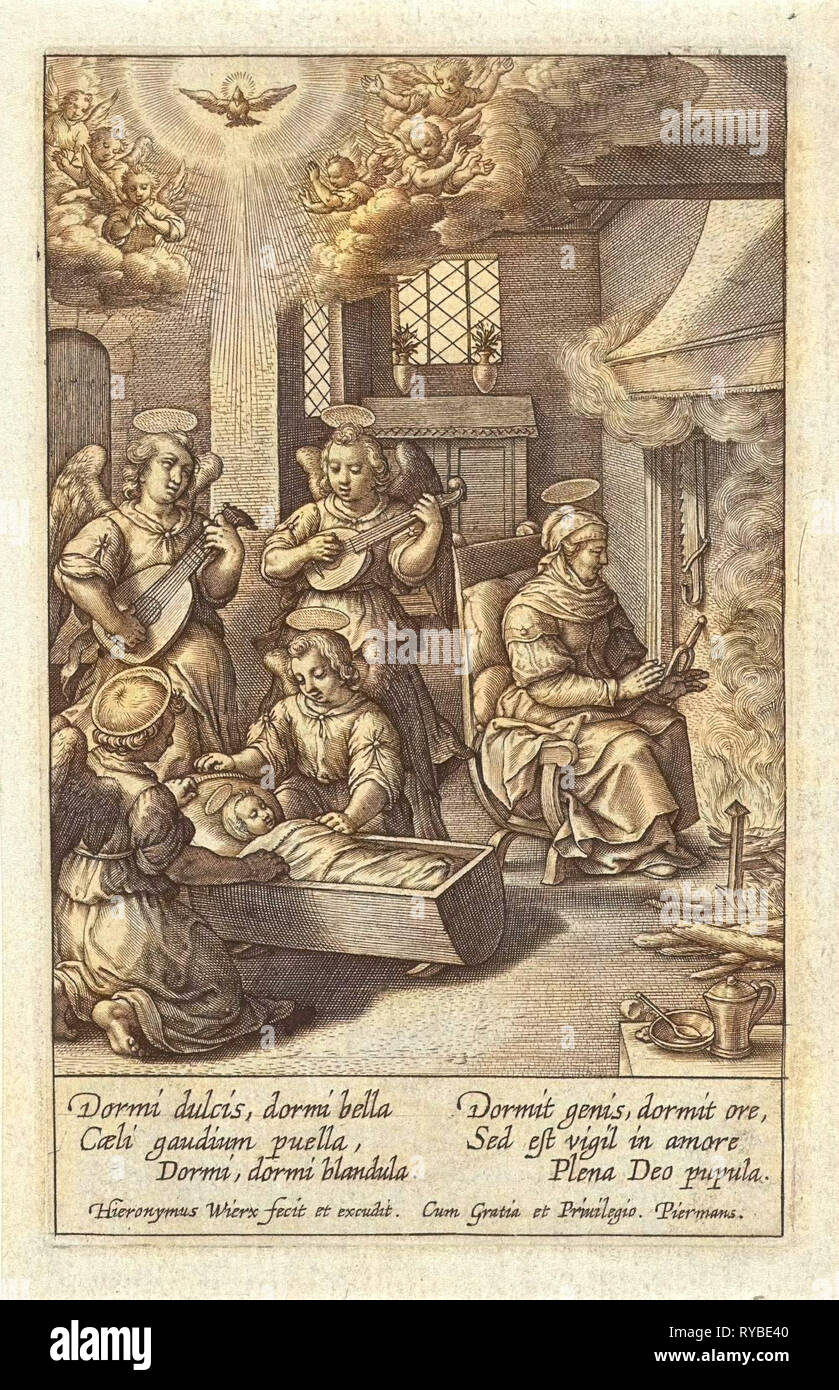 Mary sleeping in her crib, Hieronymus Wierix, 1563 - before 1619, print maker: Hieronymus Wierix ...
