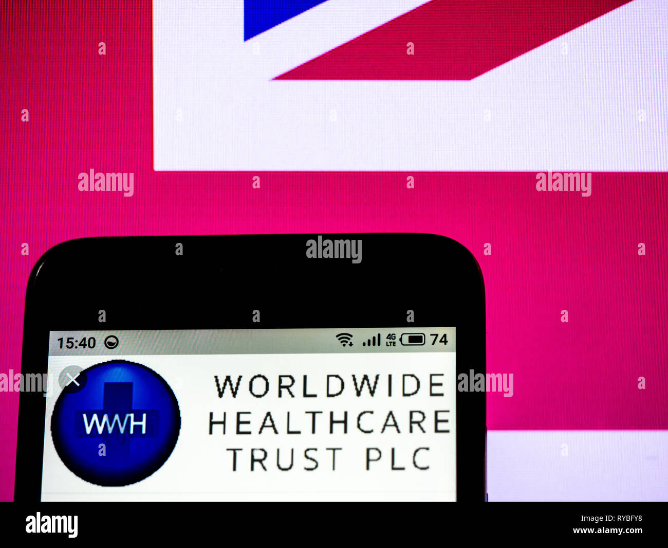 Worldwide Healthcare Trust plc company logo seen displayed on smart ...