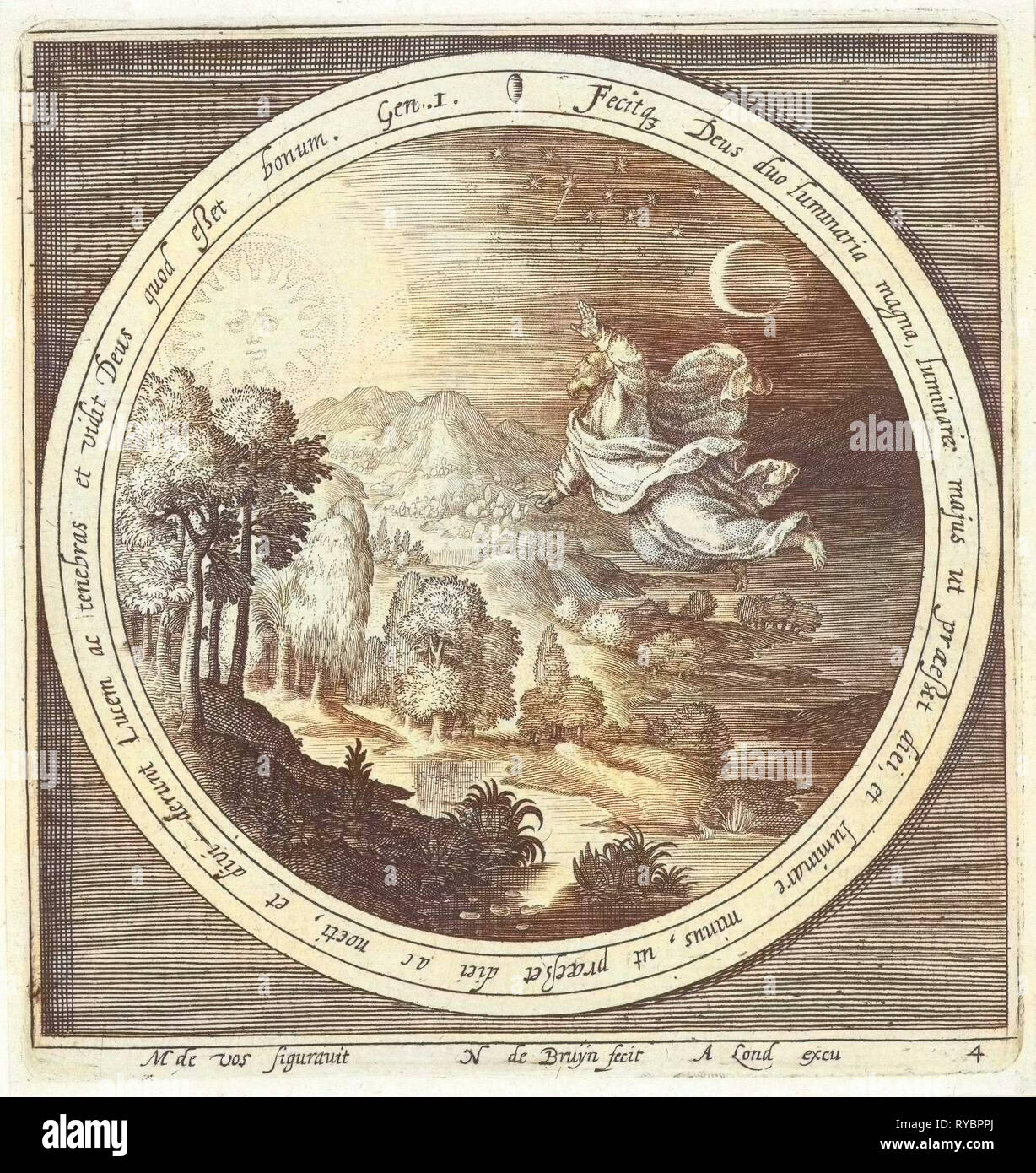 Fourth day of creation, God creates the sun, moon and stars, Nicolaes ...