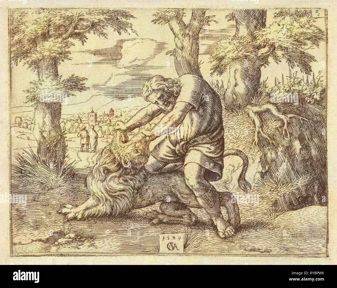 Samson kills the lion, Cornelis Massijs, 1549 Stock Photo - Alamy