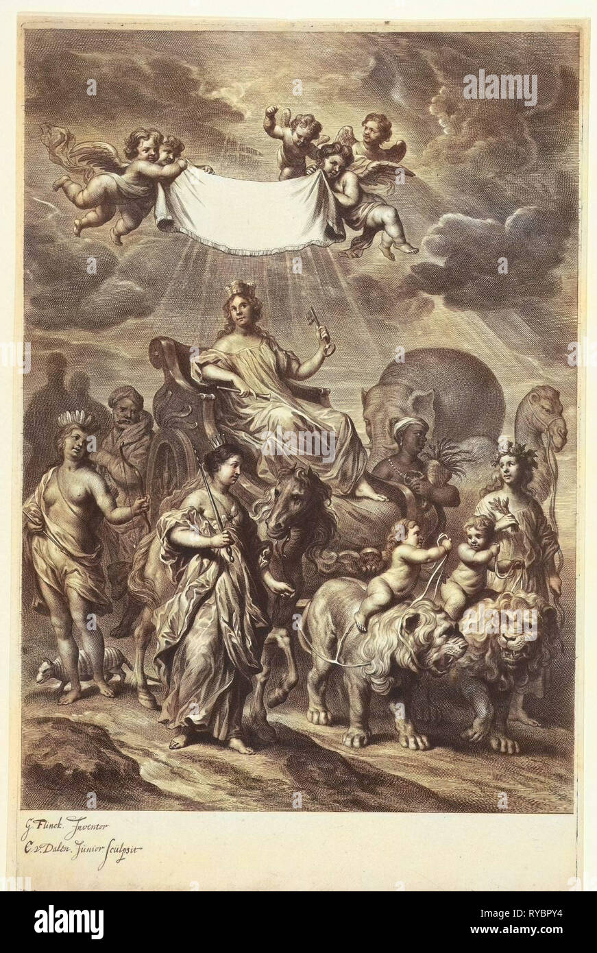 Female personification of Geography on chariot and continents America ...