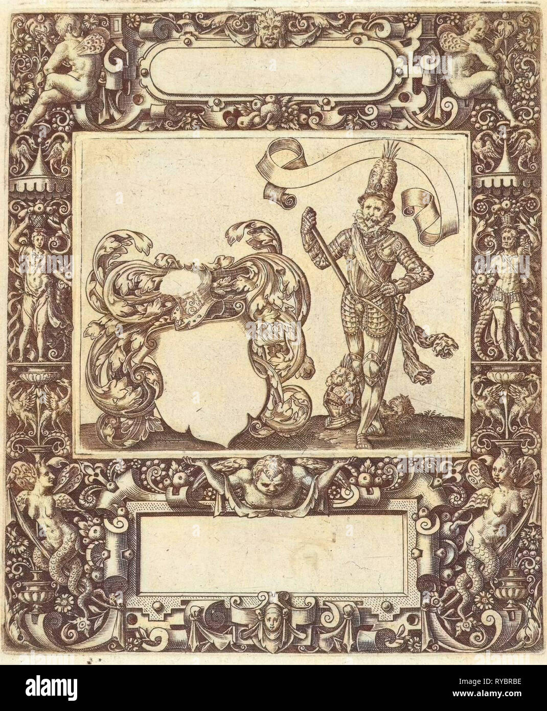 Picture frame with an elongated cartouche with rounded sides, print ...