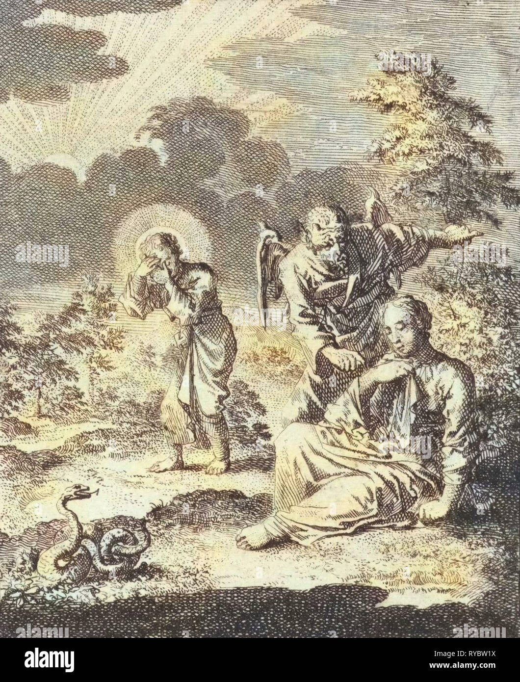 Devil asks the personified soul to leave Christ, Jan Luyken, 1714 Stock ...