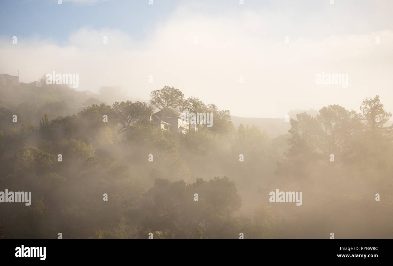 Large house on hilltop surrounded by mist and trees at sunrise Stock ...
