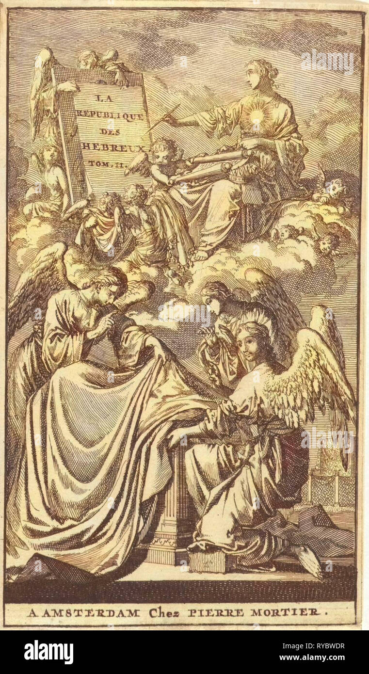 Allegorical female figure describes a panel in the clouds, Jan Luyken ...
