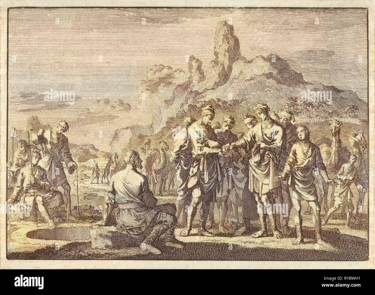 Joseph's brothers sold to traders, Jan Luyken, Pieter Mortier, 1704 ...