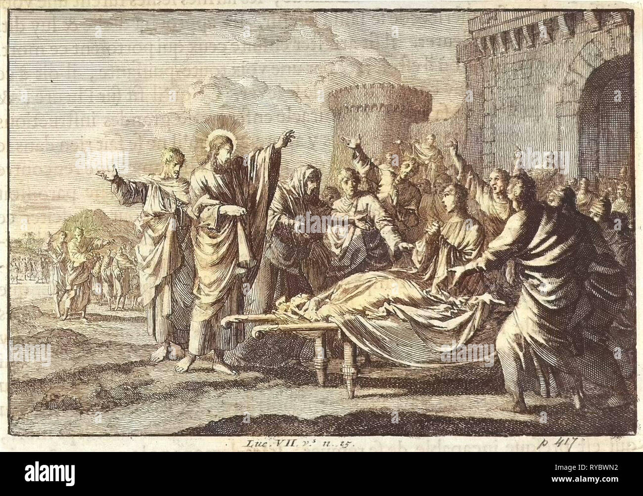 Christ touches the bier of the son of the widow of Nain, the young man ...