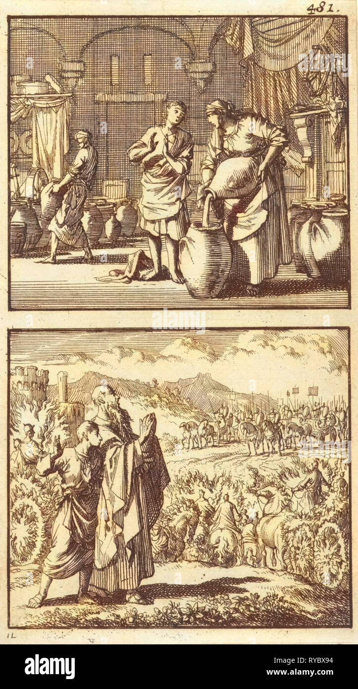 The widow of Zarephath fills the miraculous cruse of oil, Elisa's ...