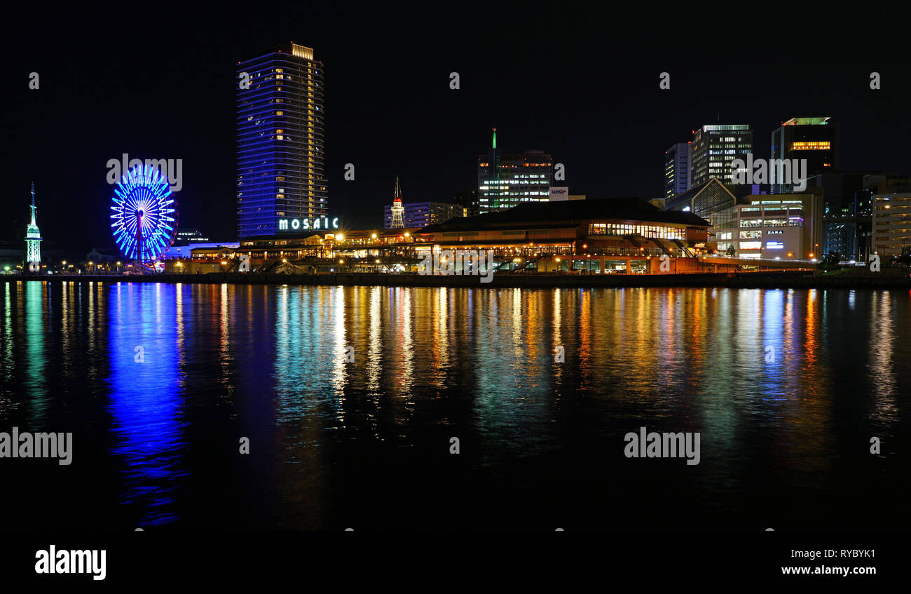 KOBE, JAPAN -27 FEB 2019- Night view of the Harborland waterfront ...