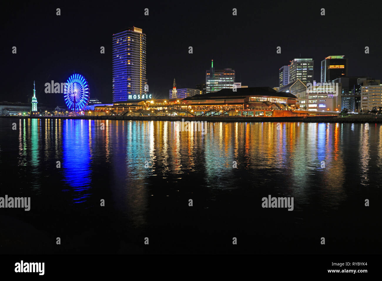 KOBE, JAPAN -27 FEB 2019- Night view of the Harborland waterfront ...