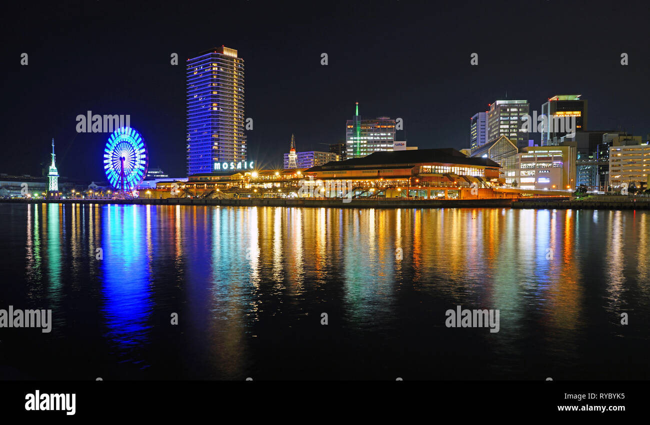 KOBE, JAPAN -27 FEB 2019- Night view of the Harborland waterfront ...