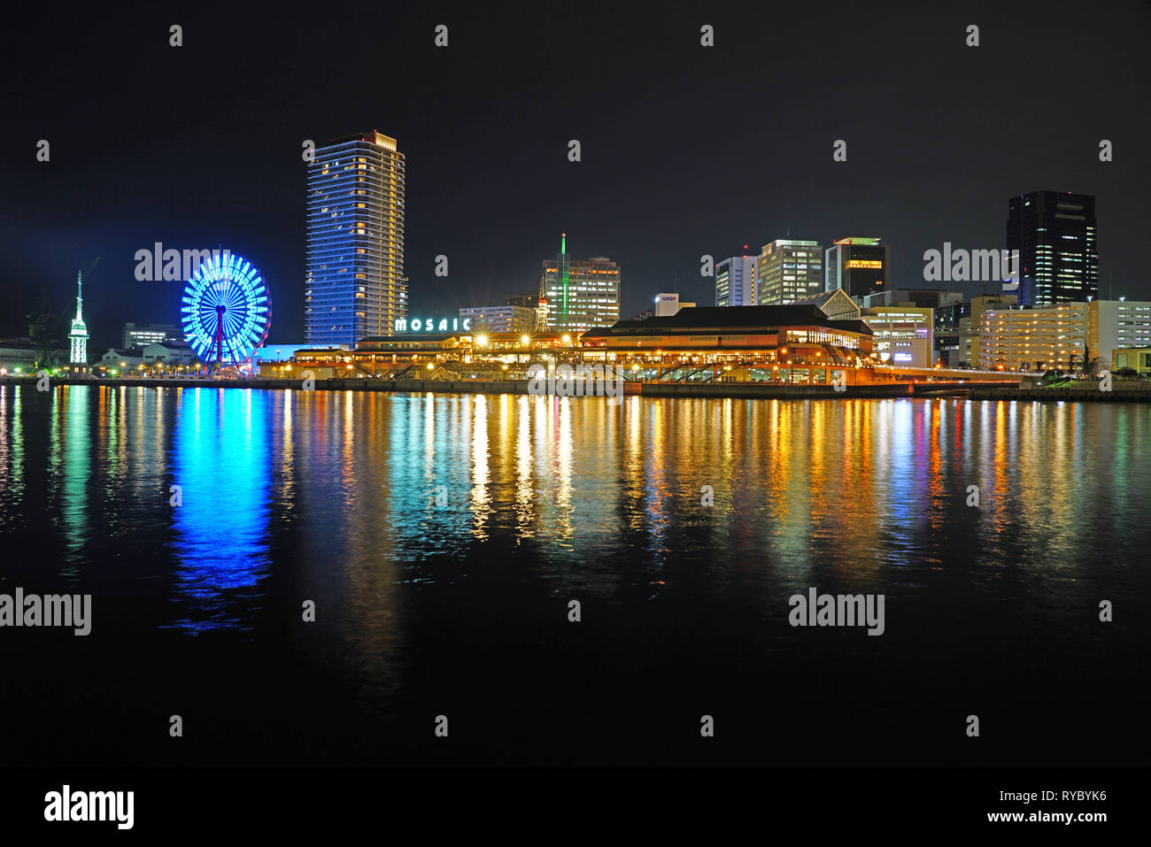 KOBE, JAPAN -27 FEB 2019- Night view of the Harborland waterfront ...