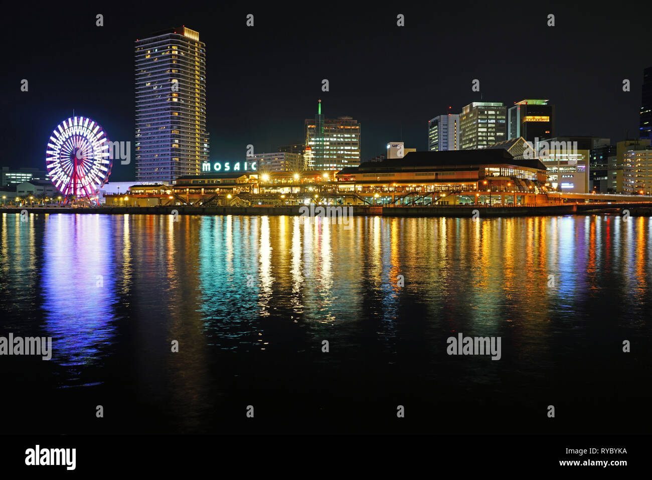 KOBE, JAPAN -27 FEB 2019- Night view of the Harborland waterfront ...