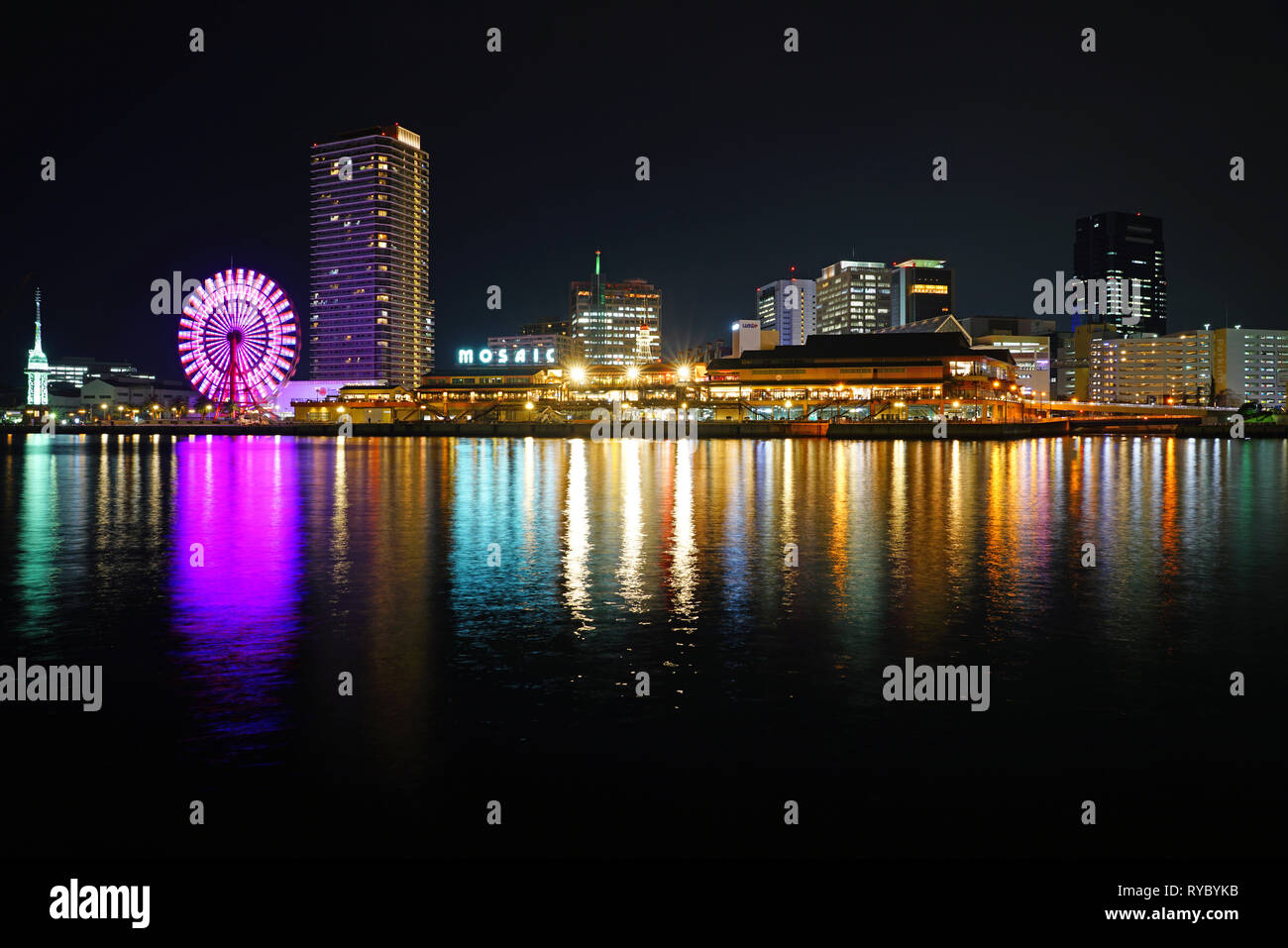 KOBE, JAPAN -27 FEB 2019- Night view of the Harborland waterfront ...