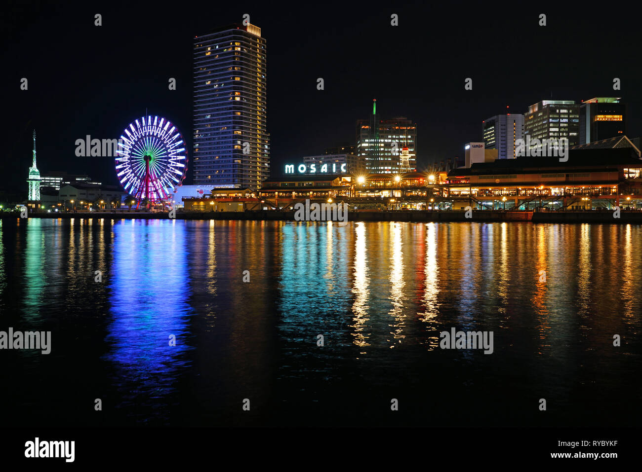 KOBE, JAPAN -27 FEB 2019- Night view of the Harborland waterfront ...