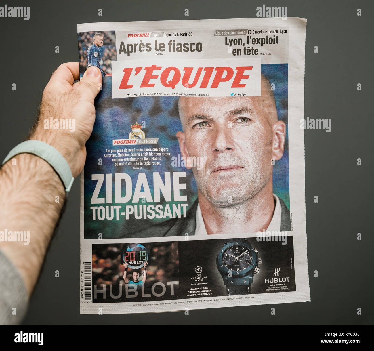 Paris, France - Mar 12, 2019: Square image man POV at French l'Equipe ...